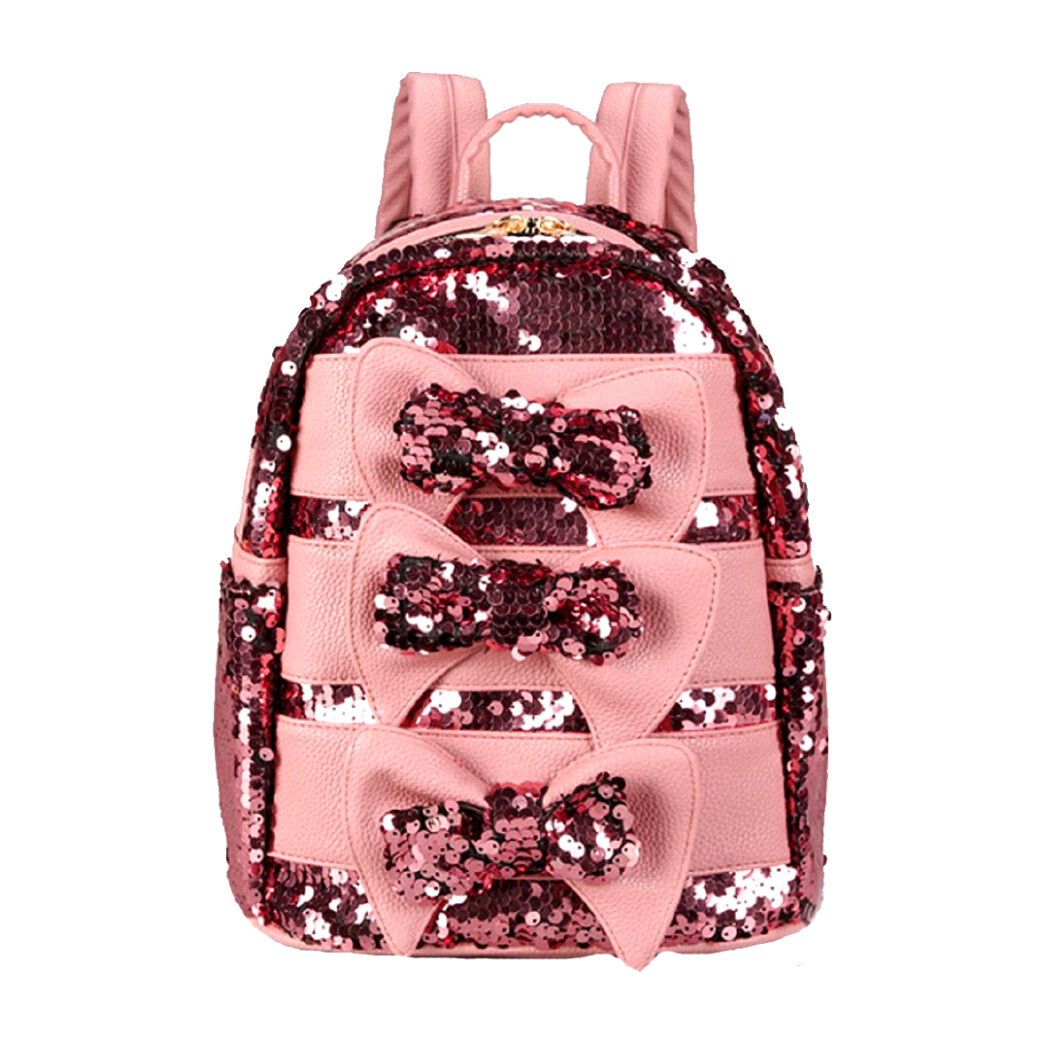 Triple Bow Sequin Backpack, Pink - Kids Girl Accessories Bags - Maisonette