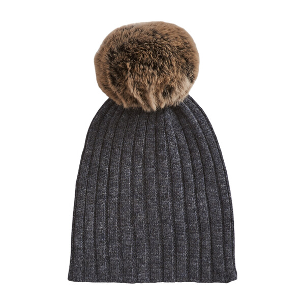 Rib Hat with Rabbit Fur Pom Pom, Graphite - Belle Enfant Hats, Scarves ...
