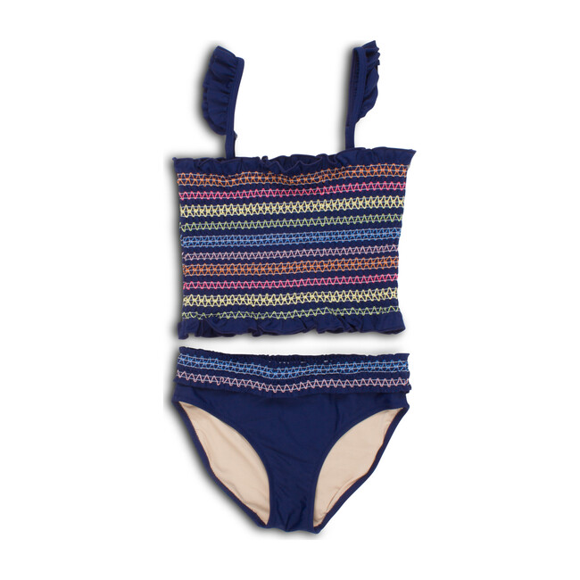 Girls Smocked Tankini, Navy Rainbow - Shade Critters Swim | Maisonette