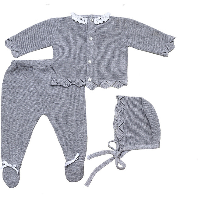 Knitted 3-Piece Set with Ribbons, Grey - Bee nene Tops | Maisonette