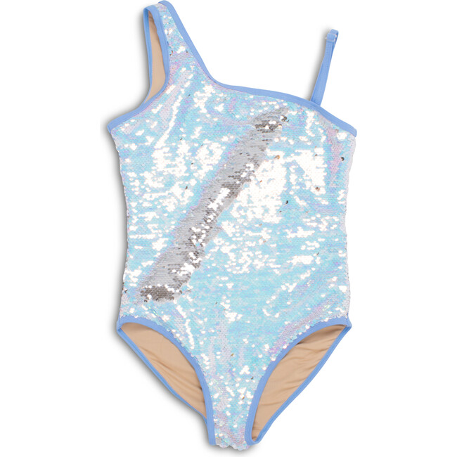Flippable Sequins One Shoulder Swimsuit, Periwinkle & Silver - Shade ...