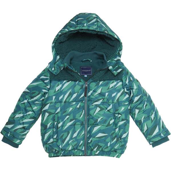 Boys Geo Camo Sherpa Shoulder Puffer Coat, Green - Andy & Evan ...