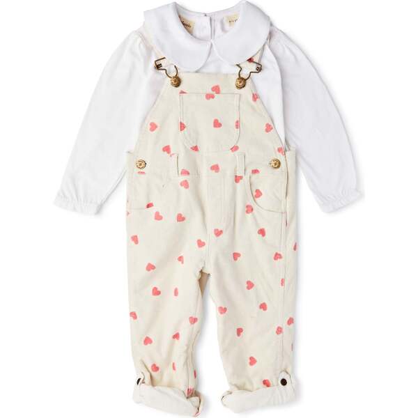 Heart Print Cord Overalls, Cream Heart - Dotty Dungarees Pants | Maisonette