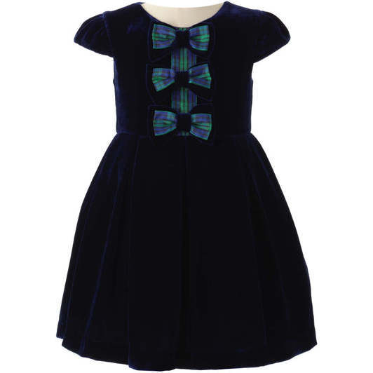 Tartan Bow Velvet Dress, Navy - Rachel Riley Dresses | Maisonette