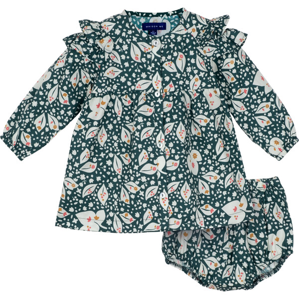 Baby Rin Dress with Bloomer, Green & Ivory Leaves - Maison Me ...