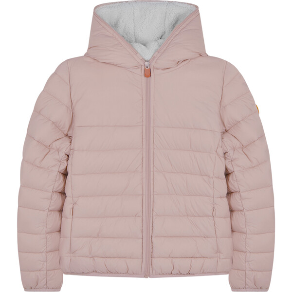 Girls Hooded Puffer Jacket In Giga With Faux Sheepskin, Blush Pink ...