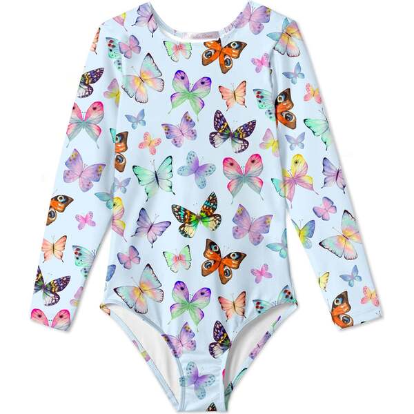 Butterflies Print Long Sleeve Swimsuit Blue Multicolors Stella Cove