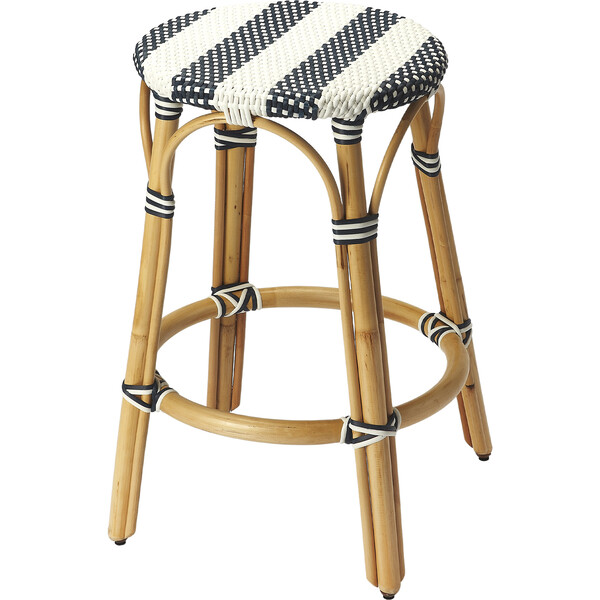 Tobias Rattan Round 24" Counter Stool, Wood With White and Navy Stripe ...