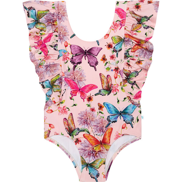 Watercolor Butterfly One-Piece Ruffled Flutter Sleeve Swimsuit, Open ...