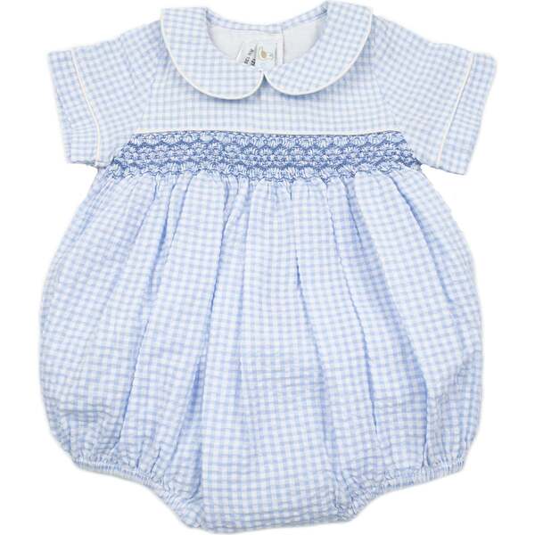 Smocked Seersucker Bubble Romper, Light Blue - Cuclie Rompers | Maisonette