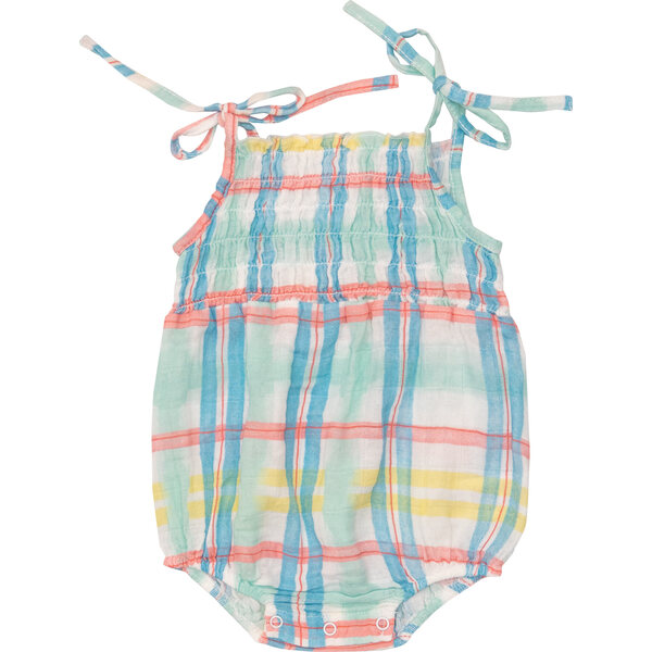 Beach Plaid Tie Strap Bubble, Blue - Angel Dear Rompers | Maisonette