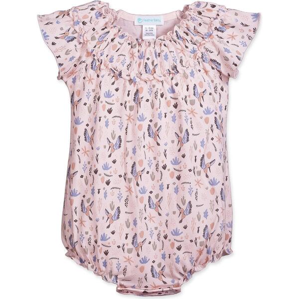 Ruched Bubble, Winged Bird Floral on Coral - Feather Baby Rompers | Maisonette