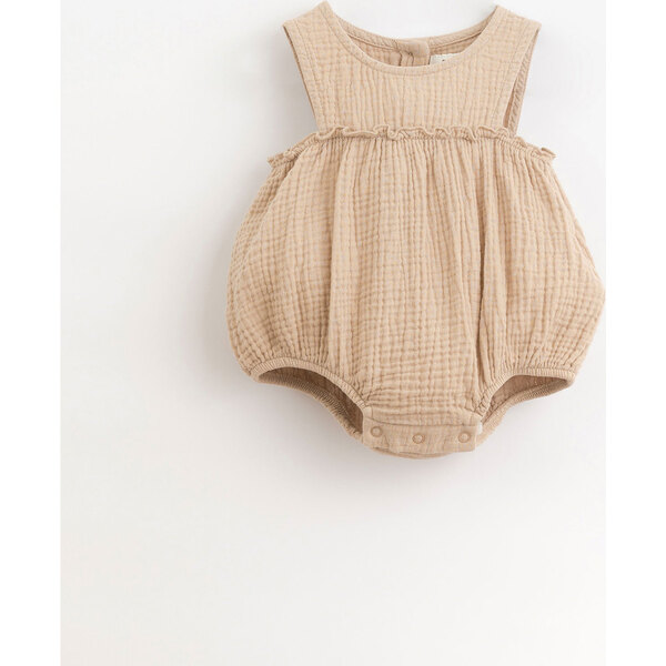 Chest Ruffle Woven Bubble, Beige And Pink - Play Up Rompers | Maisonette