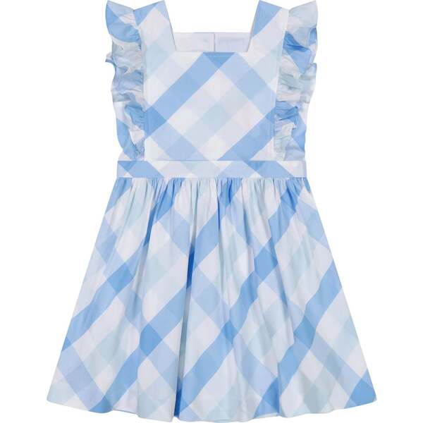 Gingham Square Neck Ruffle Sleeve Pinny Dress, Ice Water - Petit Peony ...