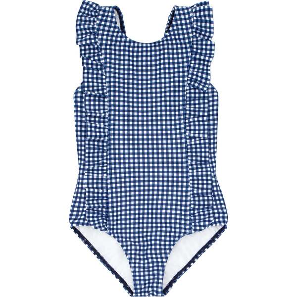 Gingham Ruffle Pinafore Style One-Piece, Navy - Minnow Swim | Maisonette