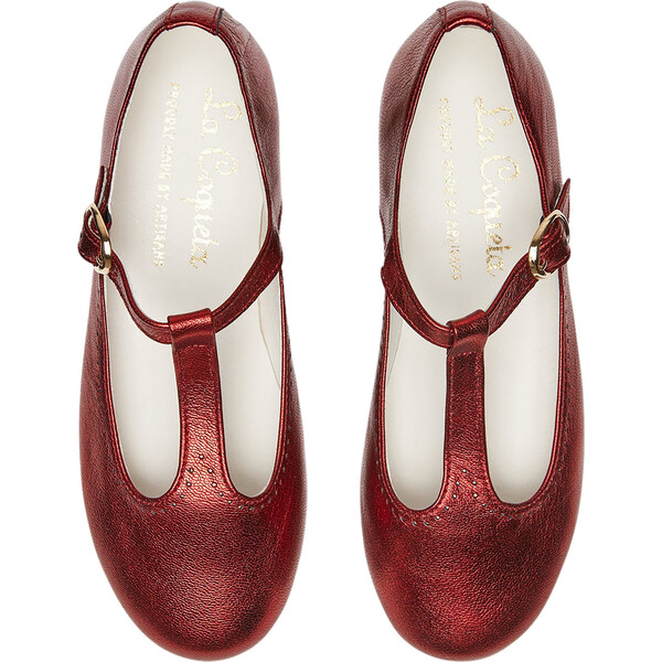 Metallic Leather Girl T-Bar Shoes, Red - La Coqueta Shoes | Maisonette