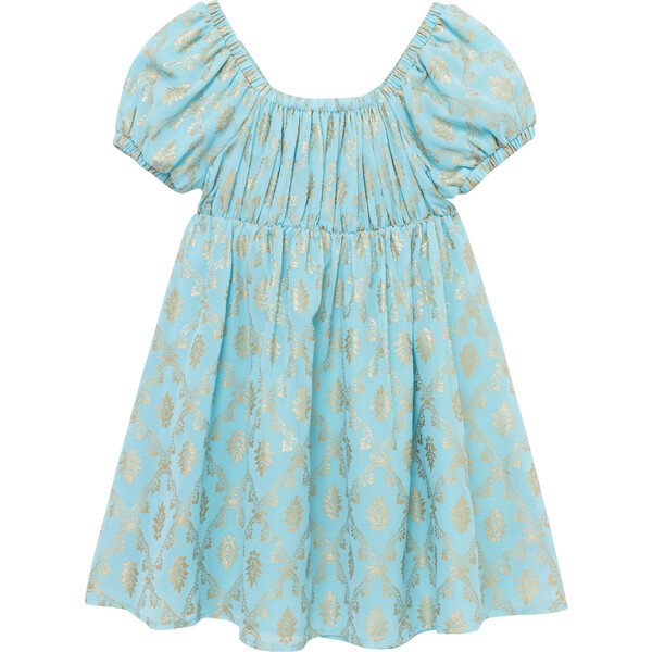 Smock Neck Puff Sleeve Babydoll Dress, Turquoise - Peek Dresses ...
