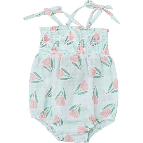 TULIPS TIE STRAP SMOCKED BUBBLE, Blue - Angel Dear Rompers | Maisonette