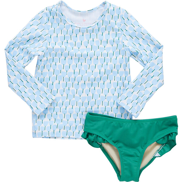 Girls Rash Guard Set, Blue Tulips - Pink Chicken Swim | Maisonette