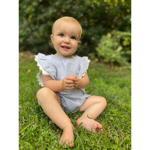 Megan Flutter Sleeve Lace Trim Bubble, Soft Blue - Vignette Rompers ...