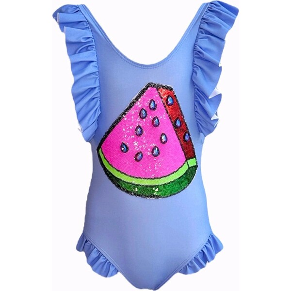 Crystal Watermelon Ruffle Shoulder One-Piece Swimsuit, Blue - Lola ...