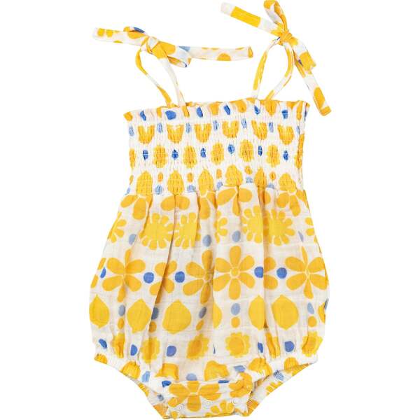 Sunny Lemon Geo Tie Strap Smocked Bubble, Yellow - Angel Dear Rompers | Maisonette