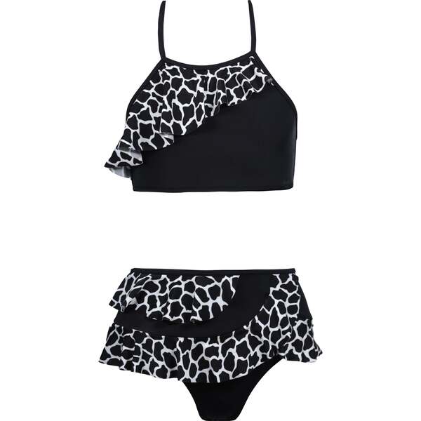 Tinto Print Halter Neck Ruffled 2-Piece Bikini Swimsuit, Black & White ...