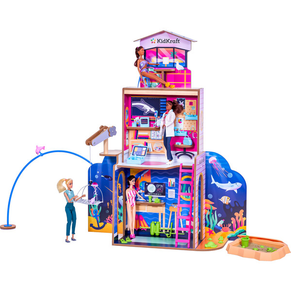 2-in-1 Beach & Rescue Center Wooden Dollhouse with 50 Accessories, Sand ...