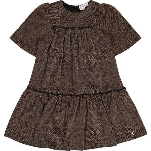 Pleated Chest Short Sleeve Frilled Hem Dress, Metallic Golden Brown ...
