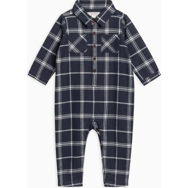 Locke Flannel Collar Romper, Navy Plaid - Colored Organics Rompers ...