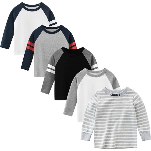 Long Sleeve Tees 5-Pack, Colorblock/Grey Stripes - Benben Tops | Maisonette