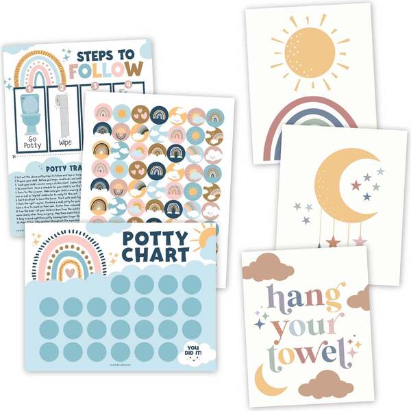 10-Piece Boho Rainbow Potty Training Charts & 6-Piece Bathroom Wall Art ...